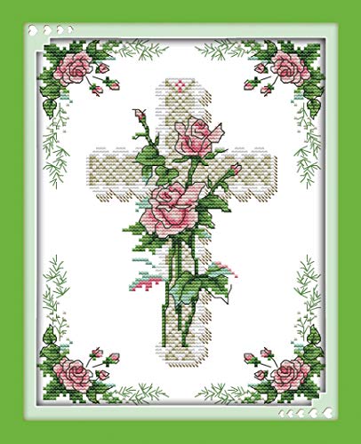 Printed Cross Stitch Kits 11CT 10X14 inch 100% Cotton Holiday Gift DIY Embroidery Starter Kits Easy Patterns Embroidery for Girls Crafts DMC Stamped Cross-Stitch Supplies Needlework The Cross Rose