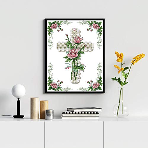 Printed Cross Stitch Kits 11CT 10X14 inch 100% Cotton Holiday Gift DIY Embroidery Starter Kits Easy Patterns Embroidery for Girls Crafts DMC Stamped Cross-Stitch Supplies Needlework The Cross Rose