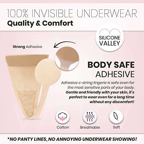 Silicone Valley Reusable Self Adhesive Sideless Thong- Breathable Cotton Thong Panty, Nude, Medium