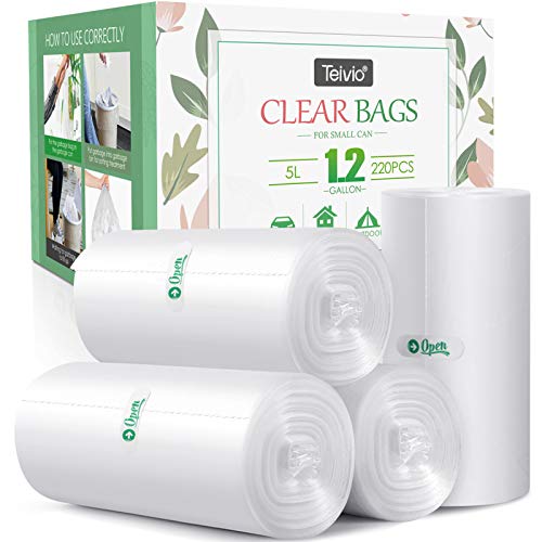 1.2 Gallon 220 Counts Strong Trash Bags Garbage Bags, Bathroom Trash Can Bin Liners, Small Plastic Bags for home office kitchen, fit 5 Liter 5L, 1Gal, Clear