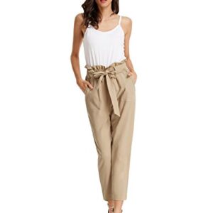 GRACE KARIN Women's Pants Cropped Paper Bag Waist Pants with Pockets Light Tan Size M