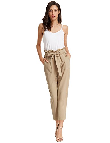 GRACE KARIN Women's Pants Cropped Paper Bag Waist Pants with Pockets Light Tan Size M