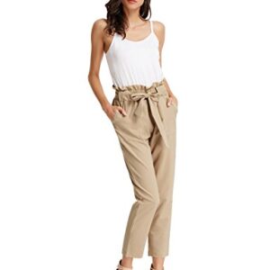 GRACE KARIN Women's Pants Cropped Paper Bag Waist Pants with Pockets Light Tan Size M