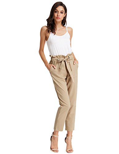 GRACE KARIN Women's Pants Cropped Paper Bag Waist Pants with Pockets Light Tan Size M