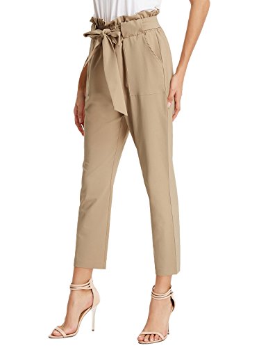 GRACE KARIN Women's Pants Cropped Paper Bag Waist Pants with Pockets Light Tan Size M