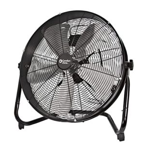 comfort zone czhv20s 20” 3-speed high-velocity slim industrial drum fan, all-metal construction, 180-degree adjustable tilt, large knobs to lock tilt angle, 5-aluminum blades, and carry handle, black