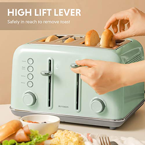 BUYDEEM DT640 4-Slice Toaster, Extra Wide Slots, Retro Stainless Steel with High Lift Lever, Bagel and Muffin Function, Removal Crumb Tray, 7-Shade Settings (Cozy Greenish)