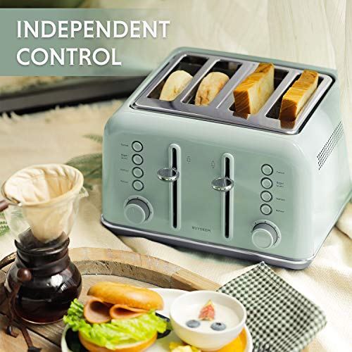 BUYDEEM DT640 4-Slice Toaster, Extra Wide Slots, Retro Stainless Steel with High Lift Lever, Bagel and Muffin Function, Removal Crumb Tray, 7-Shade Settings (Cozy Greenish)