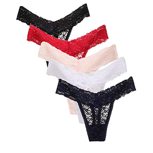 Women's Sexy Lace Thongs V Cheeky Underwear See Through Panties Pack of 5(A08,M)