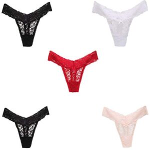 Women's Sexy Lace Thongs V Cheeky Underwear See Through Panties Pack of 5(A08,M)