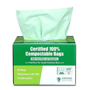 primode 100% compostable bags, 8 gallon (30l) food scraps yard waste bags, 50 count, extra thick 0.85 mil. astm d6400 compost bags small kitchen trash bags, certified by bpi and tuv