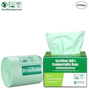 Primode 100% Compostable Bags, 8 Gallon (30L) Food Scraps Yard Waste Bags, 50 Count, Extra Thick 0.85 Mil. ASTM D6400 Compost Bags Small Kitchen Trash Bags, Certified by BPI and TUV