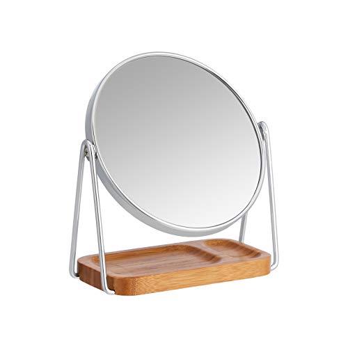 Amazon Basics Vanity Round Mirror with Squared Bamboo Tray Magnification, Chrome & Bamboo, 7.68"L x 3.35"W