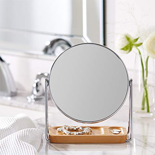 Amazon Basics Vanity Round Mirror with Squared Bamboo Tray Magnification, Chrome & Bamboo, 7.68"L x 3.35"W