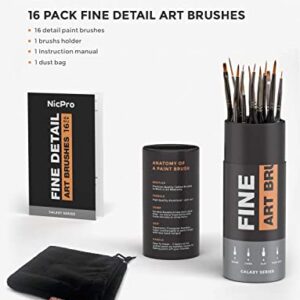 Nicpro 16 PCS Small Detail Paint Brush Set, Professional Miniature Painting Kit Fine Detail Brushes for Watercolor Oil Acrylic, Craft, Models, Rock Painting, Paint by Number- Come with Holder & Bag