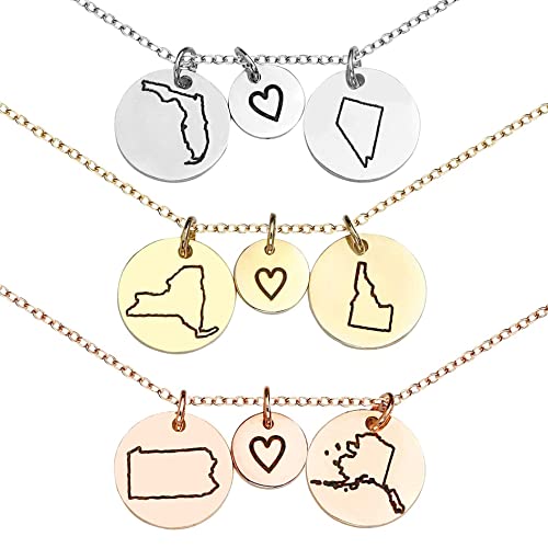 Best Friend Necklace Personalized Friendship Gifts Women Handmade Jewelry Long Distance Couple Mother's Day Gift for Mom State Charm Mother Daughter Matching Necklaces Birthday Family Gifts -CN-LDS