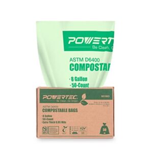 powertec 100% compostable bags, 8 gallon (30 liter), 50 count | extra thick 0.85 mil kitchen food scrap waste bags, astm d6400, us bpi and european ok compost home certified