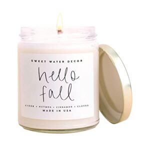 sweet water decor hello fall candle | cinnamon, apples, and clove autumn scented soy candles for home | 9oz clear jar, 40 hour burn time, made in the usa