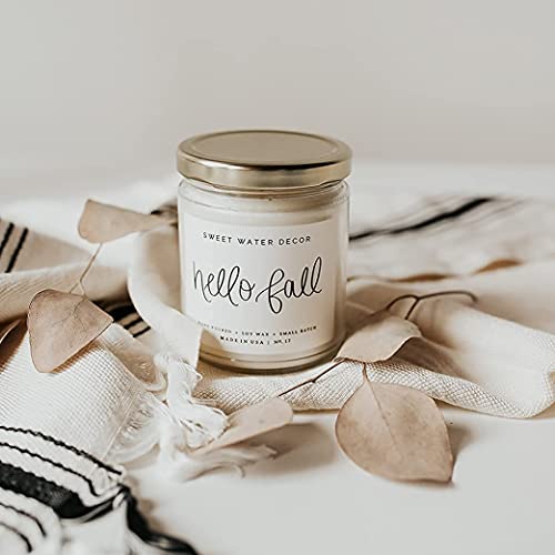 Sweet Water Decor Hello Fall Candle | Cinnamon, Apples, and Clove Autumn Scented Soy Candles for Home | 9oz Clear Jar, 40 Hour Burn Time, Made in the USA