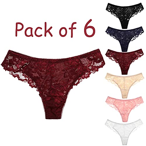 LEVAO Thongs for Women Lace Underwear Tangas Sexy Low Waist Panties Pack of 6