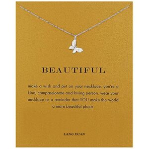 LANG XUAN Friendship Compass Necklace Good Luck Butterfly Pendant Chain Necklace with Message Card Gift Card for Women Girl