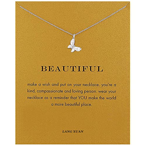 LANG XUAN Friendship Compass Necklace Good Luck Butterfly Pendant Chain Necklace with Message Card Gift Card for Women Girl