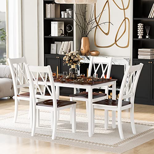 Merax Dining Table Set, Dining Room Set for 4, Kitchen Table Sets, Wood Dining Table and Chairs Set, Dining Set for Dining Room/Kitchen Room/Small Spaces, Cherry+White