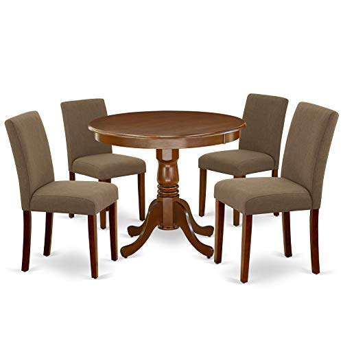 East West Furniture ANAB5-MAH-18 Antique 5 Piece Dining Set for 4 Includes a Round Kitchen Table with Pedestal and 4 Coffee Linen Fabric Upholstered Chairs, 36x36 Inch, Mahogany