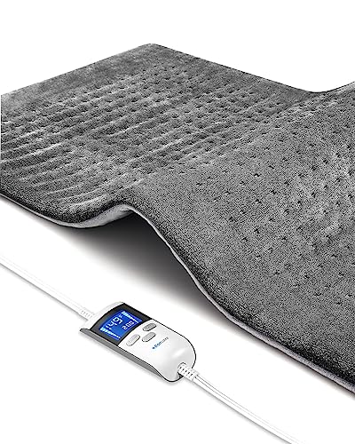 Boncare LCD Digital Control Extra Large Heating Pads for Back Pain Relief and Cramps with Auto Shut Off Fomentera de Calor Super Soft Moist/Dry Heat 12” x 24” (Light Gray)