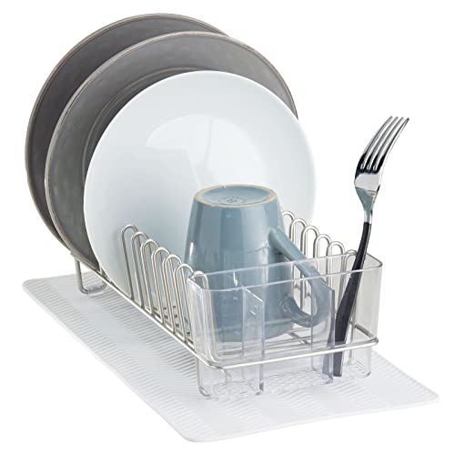 mDesign Steel Sink Dish Drying Rack/Dish Drainer Storage Organizer w/Wire Drainer, Drying Mat for Kitchen Counter, Easy Drain/Dry Dishes, Plate, Utensil - Concerto Collection, Set of 2 - Satin/White