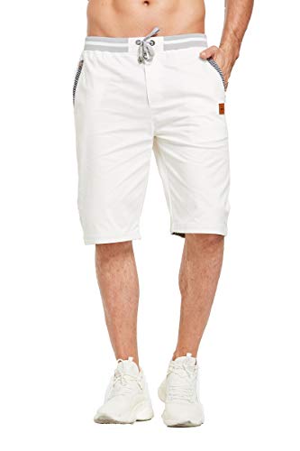 Tansozer Men's Shorts Casual Classic Fit Drawstring Summer Beach Shorts with Elastic Waist and Pockets (White, Large)