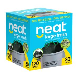 Neat Tall Kitchen 30 Gallon Drawstring Trash Bags - (MEGA 120 COUNT) - Triple Ply Fortified, Eco-Friendly 50% Recycled Material, Neutralize+ Odor Technology, Reversible Black and White Garbage Bags