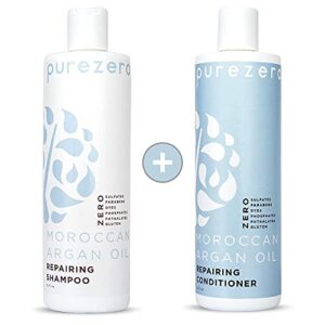 purezero moroccan argan oil shampoo & conditioner set - repair damaged hair - restore strength, shine & softness - zero sulfates, parabens, dyes, gluten - 100% vegan & cruelty free - great for color treated hair