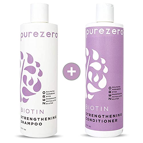 Purezero Biotin Shampoo & Conditioner set - Anti Thinning Formula - Volumizing, Thicker, Fuller Hair - Zero Sulfates, Parabens, Dyes, Gluten - 100% Vegan & Cruelty Free - Great For Color Treated Hair