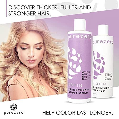 Purezero Biotin Shampoo & Conditioner set - Anti Thinning Formula - Volumizing, Thicker, Fuller Hair - Zero Sulfates, Parabens, Dyes, Gluten - 100% Vegan & Cruelty Free - Great For Color Treated Hair