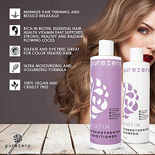 Purezero Biotin Shampoo & Conditioner set - Anti Thinning Formula - Volumizing, Thicker, Fuller Hair - Zero Sulfates, Parabens, Dyes, Gluten - 100% Vegan & Cruelty Free - Great For Color Treated Hair