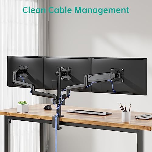 WALI Triple Monitor Mount, 3 Monitor Stand Desk Mount with Premium Gas Spring Arm for Screens up to 27 inch, Mounting Holes 75x75 or 100x100 mm (GSDM003), Black