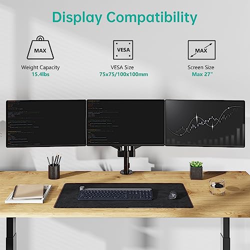 WALI Triple Monitor Mount, 3 Monitor Stand Desk Mount with Premium Gas Spring Arm for Screens up to 27 inch, Mounting Holes 75x75 or 100x100 mm (GSDM003), Black