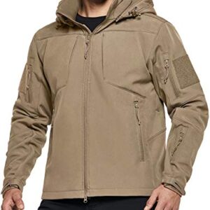 CQR Men's Winter Tactical Military Jackets, Lightweight Water Resistant Fleece Lined Softshell Hunting Jacket w Hoodie, Operator Multipocket Coyote, XX-Large