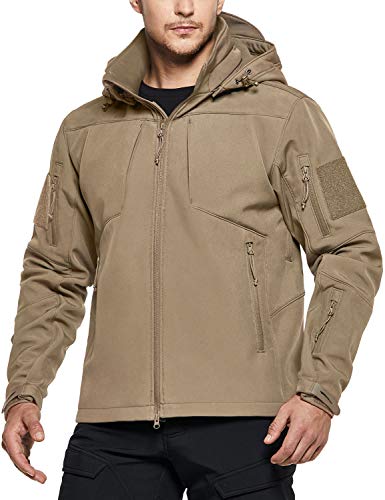 CQR Men's Winter Tactical Military Jackets, Lightweight Water Resistant Fleece Lined Softshell Hunting Jacket w Hoodie, Operator Multipocket Coyote, XX-Large