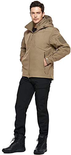 CQR Men's Winter Tactical Military Jackets, Lightweight Water Resistant Fleece Lined Softshell Hunting Jacket w Hoodie, Operator Multipocket Coyote, XX-Large