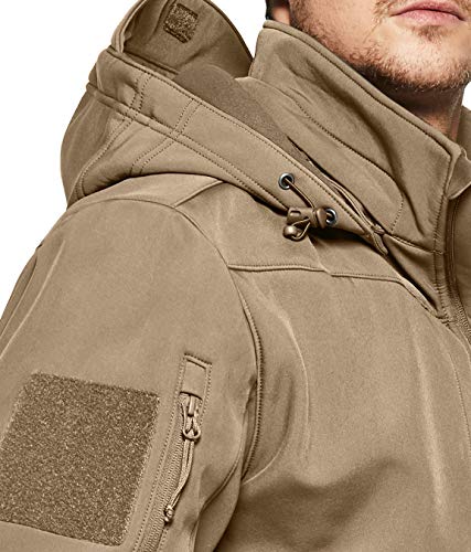 CQR Men's Winter Tactical Military Jackets, Lightweight Water Resistant Fleece Lined Softshell Hunting Jacket w Hoodie, Operator Multipocket Coyote, XX-Large