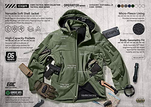 CQR Men's Winter Tactical Military Jackets, Lightweight Water Resistant Fleece Lined Softshell Hunting Jacket w Hoodie, Operator Multipocket Coyote, XX-Large