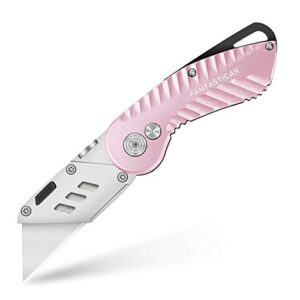 fantasticar folding utility knife, box cutter plume type metal body, with safety lock and 5-piece extra blades (pink)