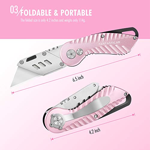 FantastiCAR Folding Utility Knife, Box Cutter Plume Type Metal Body, with Safety Lock and 5-Piece Extra Blades (Pink)