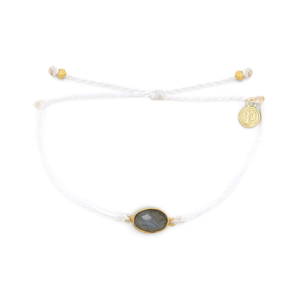 Pura Vida Gold Oval Labradorite Bracelet - Plated Charm, Adjustable Band - 100% Waterproof - White