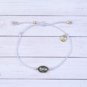 Pura Vida Gold Oval Labradorite Bracelet - Plated Charm, Adjustable Band - 100% Waterproof - White