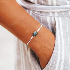 Pura Vida Gold Oval Labradorite Bracelet - Plated Charm, Adjustable Band - 100% Waterproof - White