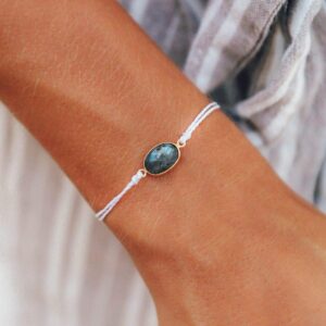 Pura Vida Gold Oval Labradorite Bracelet - Plated Charm, Adjustable Band - 100% Waterproof - White