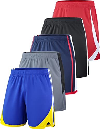 Pack of 5 Men's Athletic Basketball Shorts Mesh Quick Dry Activewear with Pockets (Set 3, Large)